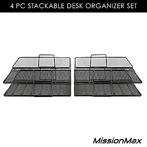 4 Tier Pack Stackable Tray Office Desk Organizer File and Desktop Holder for Paper Letter Accessories Black Discount Pack by MissionMax