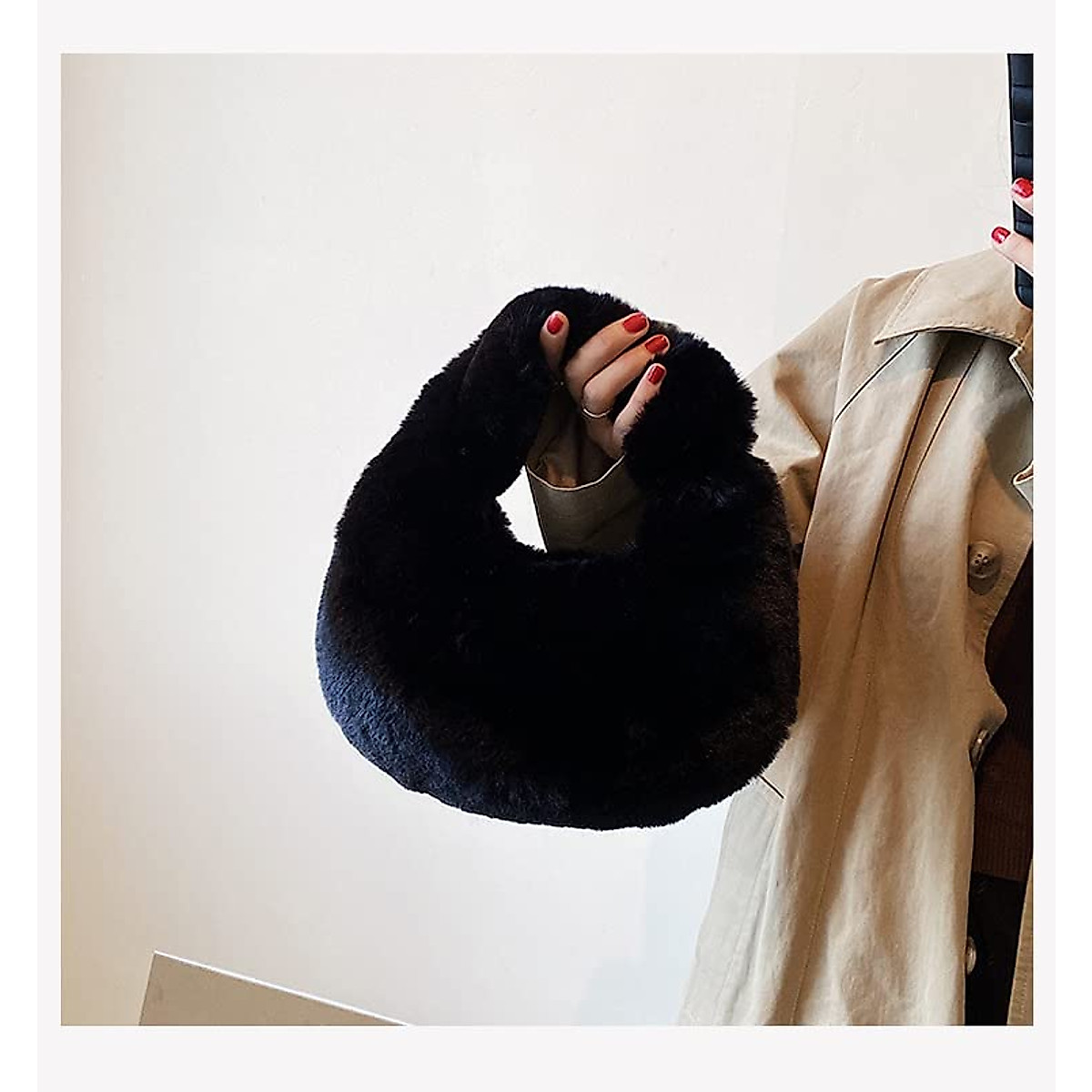 XPONNI Fuzzy Dumpling Bag, Cute Fluffy Bags, Cute Mini Handbags, Faux Fur Bag with Zipper, Soft Knotted Bag (black)