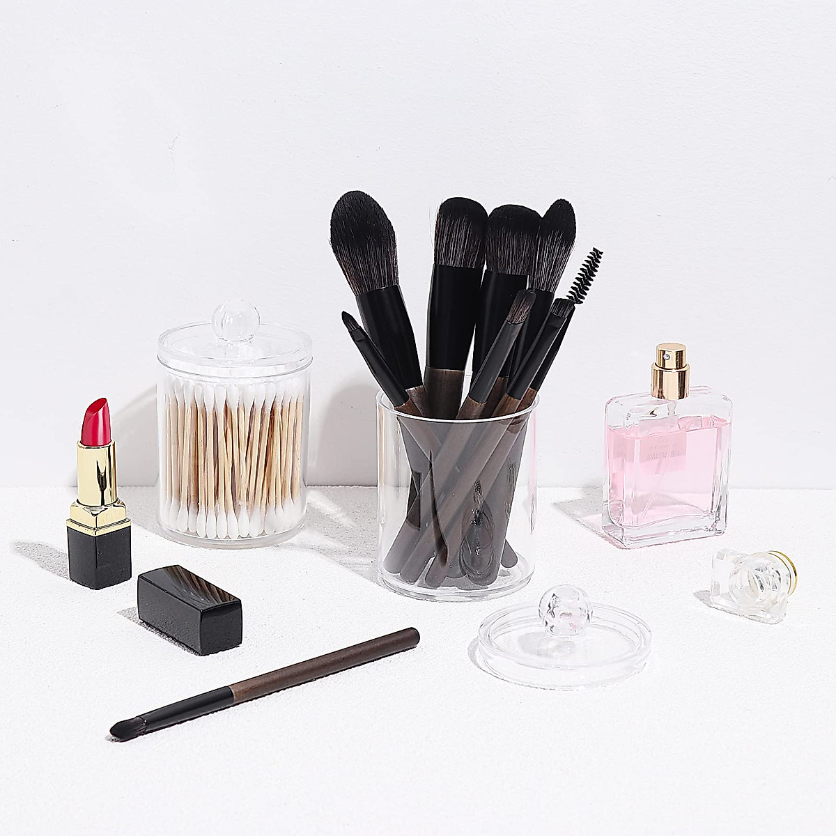 4 Pack Qtip Holder Dispenser for Cotton Ball, Round Swab Holder, Acrylic Clear Apothecary Jars for Bathroom Canister Accessories Storage Organizer