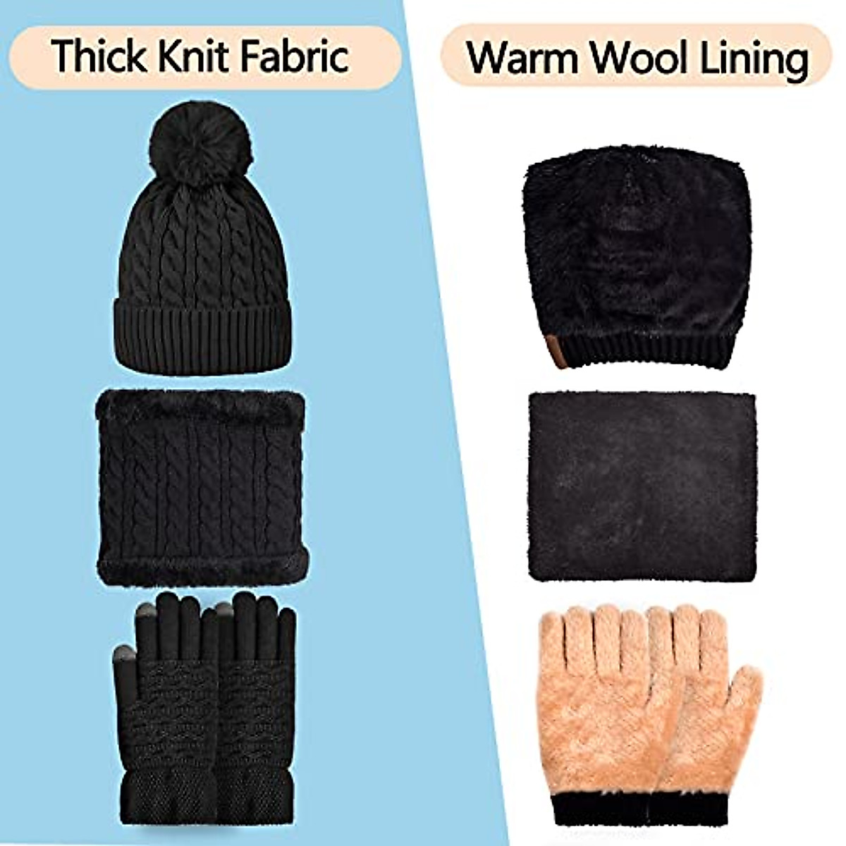 Womens Winter Beanie Hat Scarf and Gloves Set Girls Cable Beanies with Pompom Infinity Scarf Knitted Touch Screen Gloves Sets Ladies Black Knit Thick Warm Soft Fleece Lined Thermal Cap