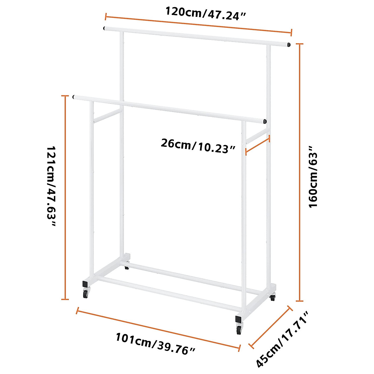 Calmootey Double Rod Clothing Garment Rack,Rolling Hanging Clothes Rack,Portable Clothes Organizer for Bedroom,Living Room,Clothing Store,White