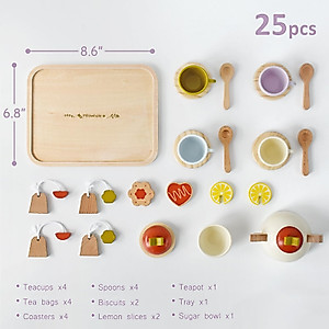 Pillowhale Wooden Toys Tea Party Set,Tea Set for Little Girls,Toddler Tea Set,Kids Play Kitchen Accessories,Play Food for Toddlers Boys Girls Ages 3+