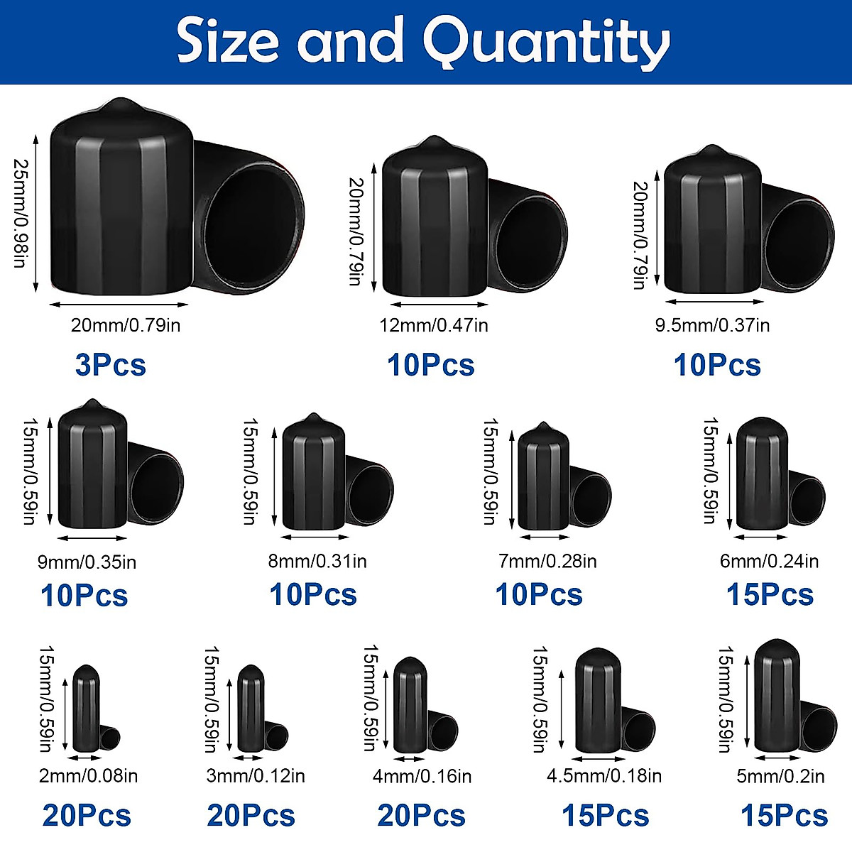 Tnisesm 158Pcs Rubber End Caps Black Round Vinyl End Caps Bolt Screw Covers Caps Rubber Thread Protector Caps Cover in 2/25" to 4/5"