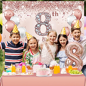 Trgowaul 8th Birthday Decorations Party Set for girls, Rose Gold 8 Birthday Banner and Tablecloth, 8 & Fabulous Sash and Tiara, 1PC Happy 8th Birthday Cake Topper, Pink Gold 8 Number Balloons