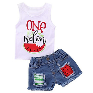 LOTUCY 2PCS Baby Girls Boy Clothes One in A Melon Watermelon Tops Tassel Ripped Denim Shorts Set Baby Boy Girl 1st Birthday Outfit