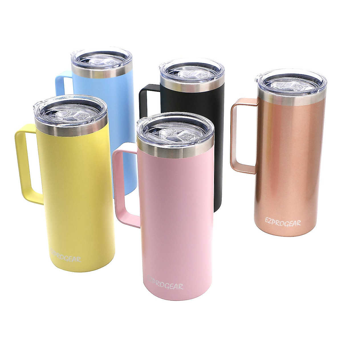 Ezprogear 32 oz Stainless Steel Coffee Mug Double Wall Vacuum Insulated Water Tumbler with Handle, Lid and Straws (32 oz, Sky Blue)