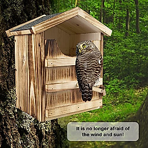 Owl House Hand Made with Bird Stand Design, Owl Nesting Box for Outside Large Handmade Wooden Rectangular Opening Owl Box Bird House with Mounting Screws and A Bag of Wood Shavings, Easy Assembly