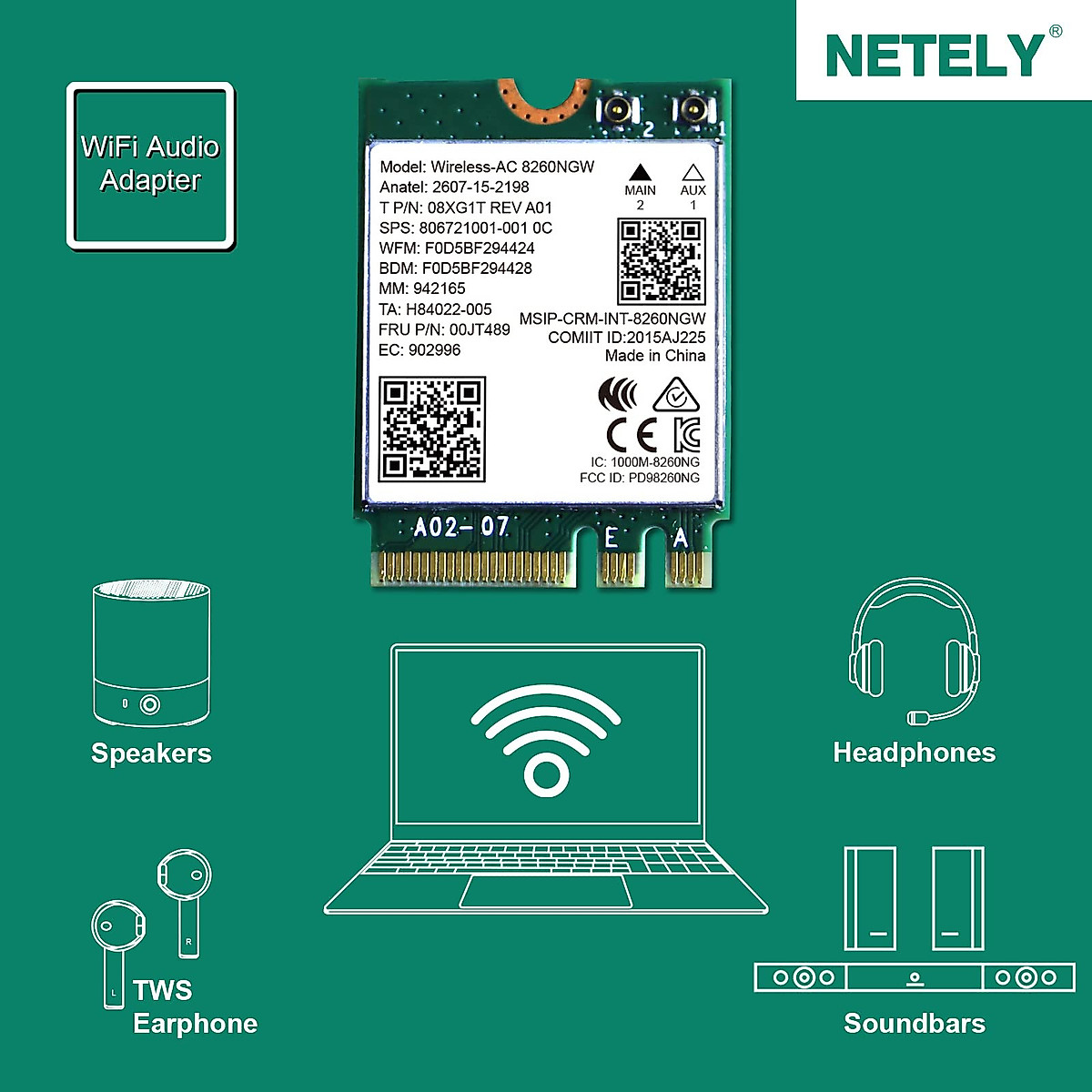 NETELY Wireless-AC 8260NGW NGFF M2 Interface 1200Mbps WiFi Adapter with Bluetooth 4.2, Intel Wireless-AC 8260NGW, Wireless-AC 2.4GHz 300Mbps & 5GHz 867Mbps WiFi Network Card (Wireless-AC 8260NGW)