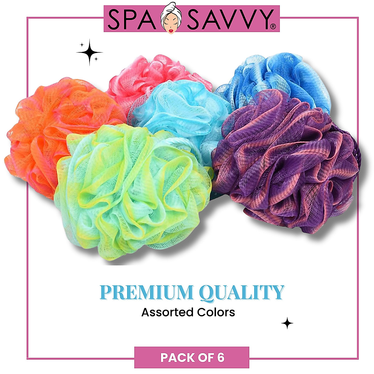Spa Savvy Bath Loofah Set, Pack of 6 Shower Body Sponges with Suction Cups for Men and Women, Exfoliating Pouf Bath Accessories, Multicolor
