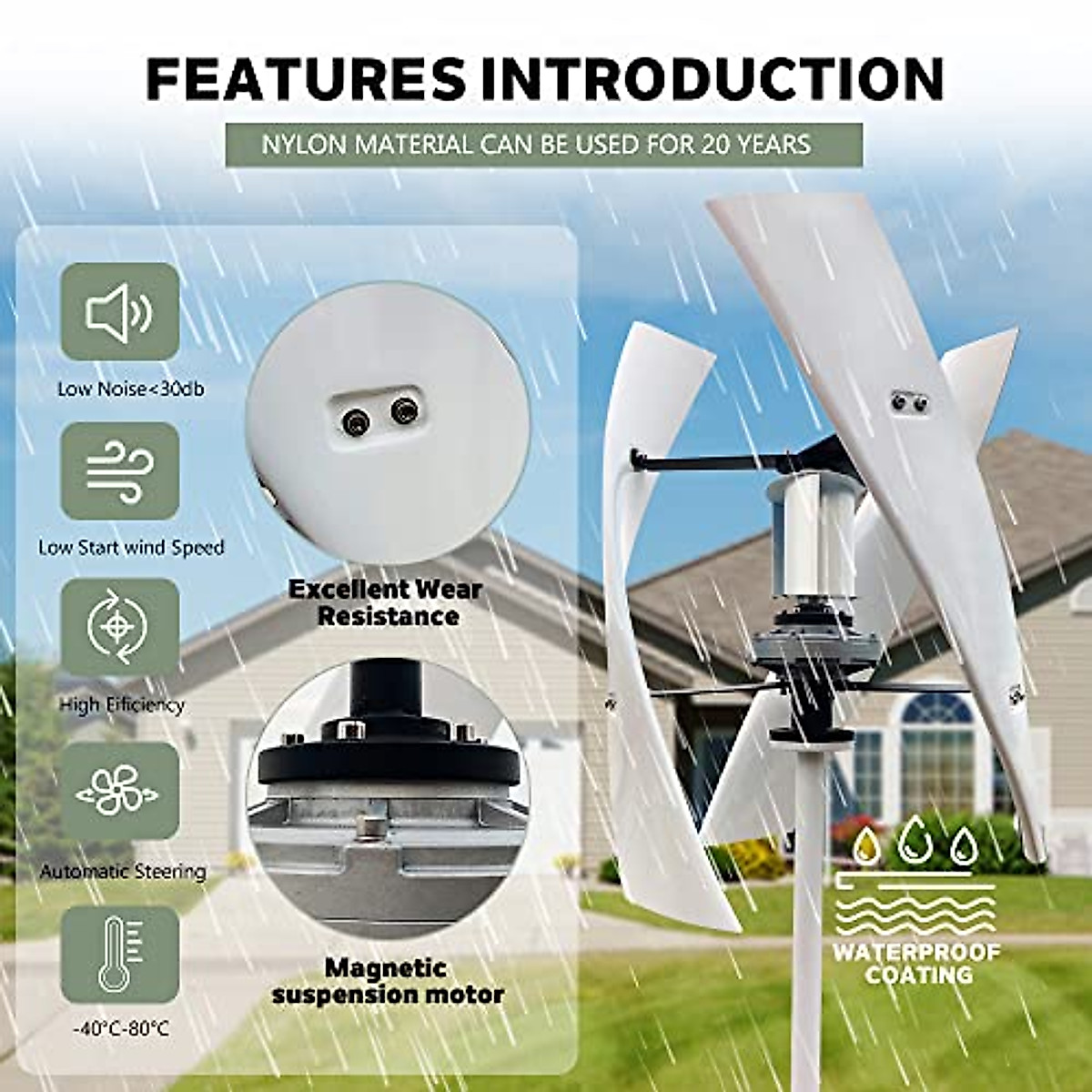 AISINILALAO 10000W Vertical Permanent Maglev Wind Turbine Generator,12V 24V 48V 220V with Controller High Efficiency Wind Generator for Courtyard Garden Lighting (White),48v