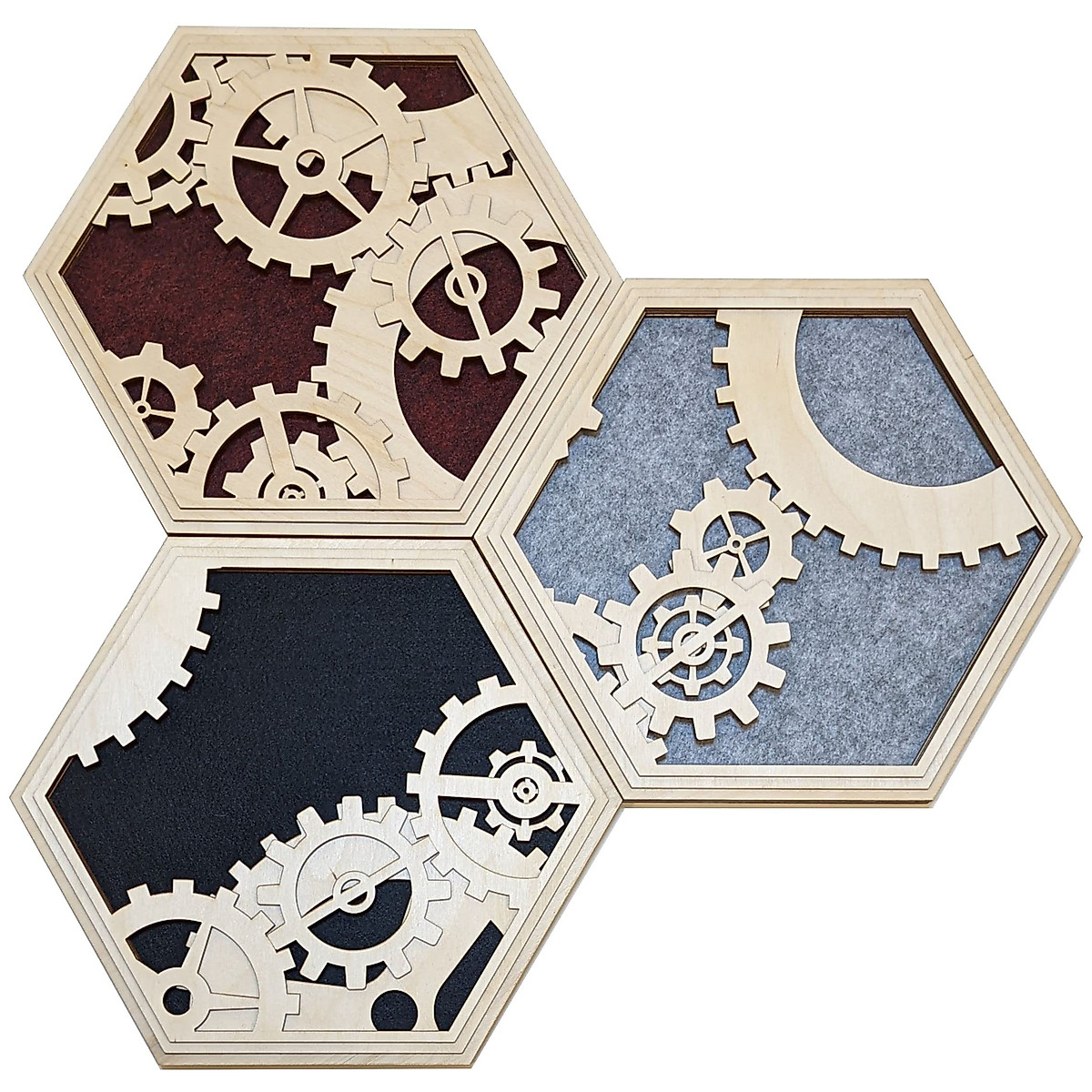 Now Spinning Curated Pack - 16 Acoust-Hex Sound Absorbing Panels with 3 Artistic Wood Diffuser Patterns Hexagon Tiles (Gears - Maroon, Grey, Black)