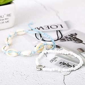 Aluinn Boho Turtle Layered Shell Anklet Set Silver Ankle Bracelets Beaded Foot Chain Beach Foot Jewelry Accessories for Women summer gifts