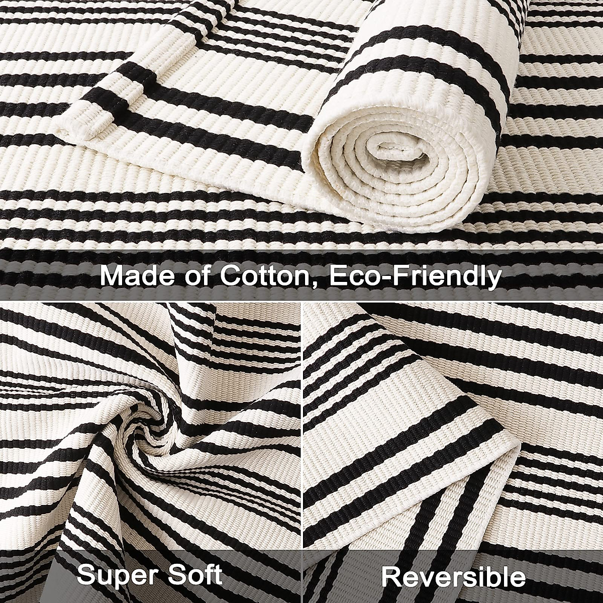 Black and White Striped Outdoor Rug, 3’x5’ Cotton Modern Front Porch Door Mat Hand-Woven Reversible Patio Rug Washable Layered Doorway Carpet for Farmhouse/Kitchen/Living Room