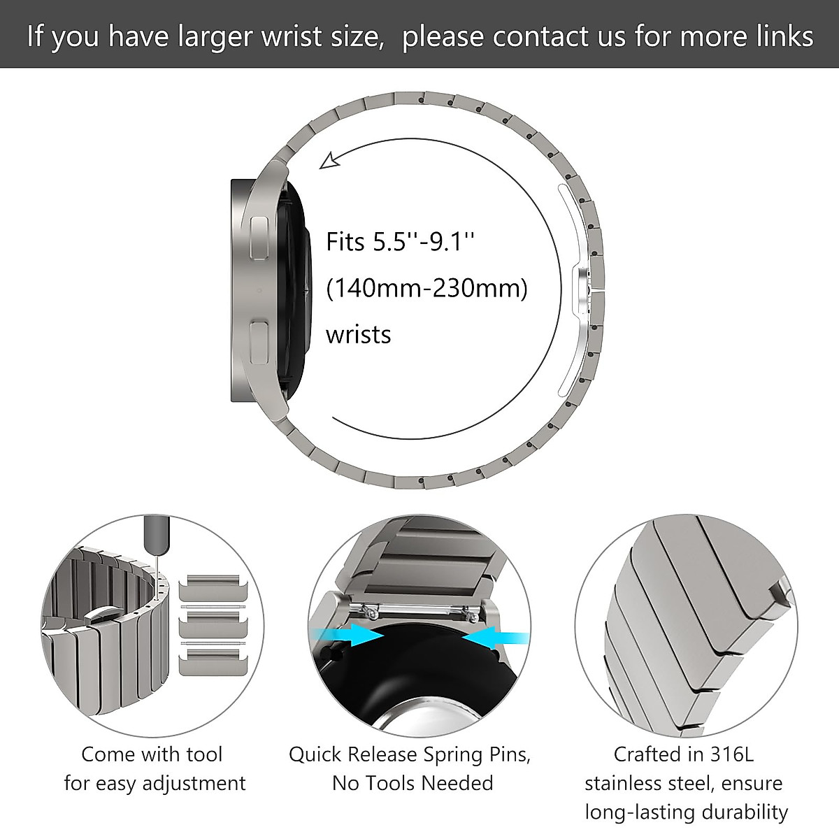 Wingle for Samsung Galaxy Watch 7 6 Band 5 Pro Galaxy Watch 6 Classic Bands 47mm 5/4/4 Classic/FE No Gap Band 44mm 40mm 43mm 45mm 42mm 46mm Men, Solid Stainless Steel Metal Link Bracelet Band Titanium