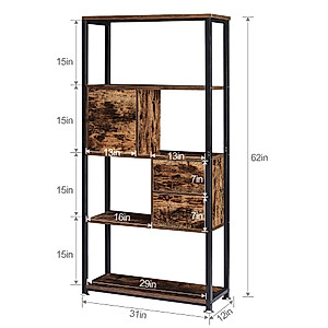 VECELO Bookcase with Doors/Drawers, Industrial 4-Tier Bookshelf Display Shelf Storage Cabinet for Books, Photos, Decorations, in Living Room,Bedroom, Home Office, Rustic Brown