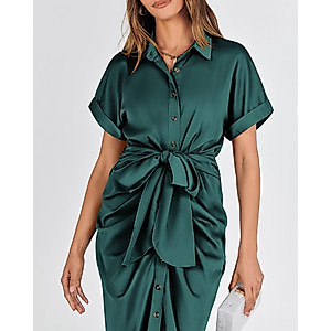 BTFBM 2024 Women Button Down Ruched Shirt Dresses Short Sleeve Lapel V Neck Elegant Party Spring Summer Maxi Satin Dress(Short Sleeve Dark Green, Medium)