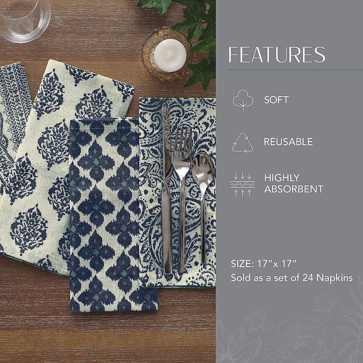 Elrene Home Fashions Everyday Casual Prints Decorative Cloth Napkins and Table Accessories, 17" x 17", Indigo Blue, 24 Count