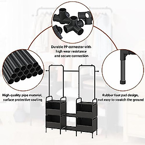 Laiensia Clothes Rack,3 Rods Portable Clothing Hanging Garment Rack,Coat and Shoe Rack with 4 Storage Shelves and 4 Storage Pockets,for Bedroom,Entryway,Living room,Black
