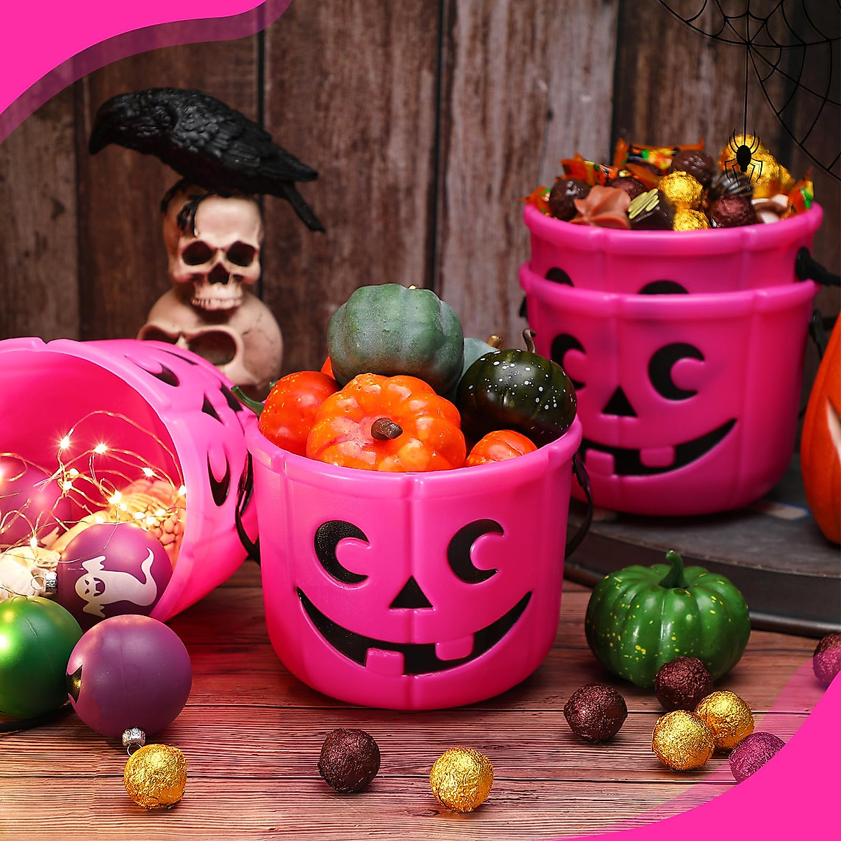 Jenaai 4 Halloween Trick or Treat Buckets Halloween Pumpkin Buckets Halloween Party Favors Pumpkin Face Candy Basket Plastic Pail Candy Bowl Holder with Handle or Party Decoration (Pink)