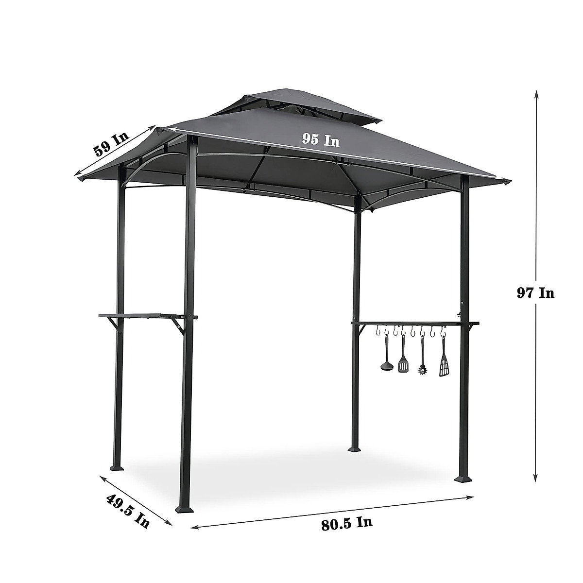 Gazebo Beach Canopy Outdoor Grill Gazebo 8 x 5 Ft, Shelter Tent, Double Tier Soft Top Canopy and Steel Frame with Hook and Bar Counters, Grey