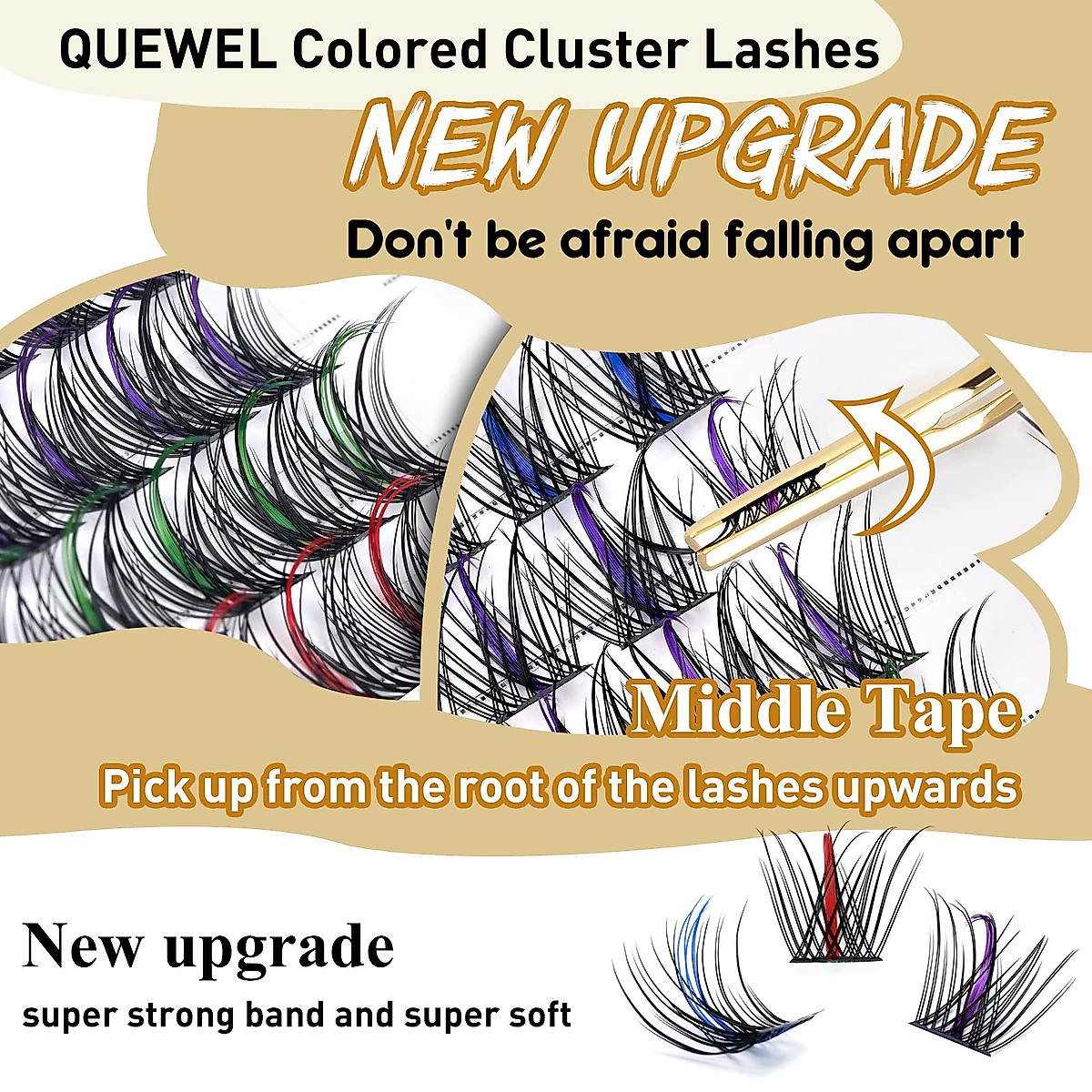 QUEWEL Cluster Lashes 72 Pcs Wide Stem Colored Eyelash Clusters& Lash Bond And Seal, Lash Cluster Glue For DIY Eyelash Extensions