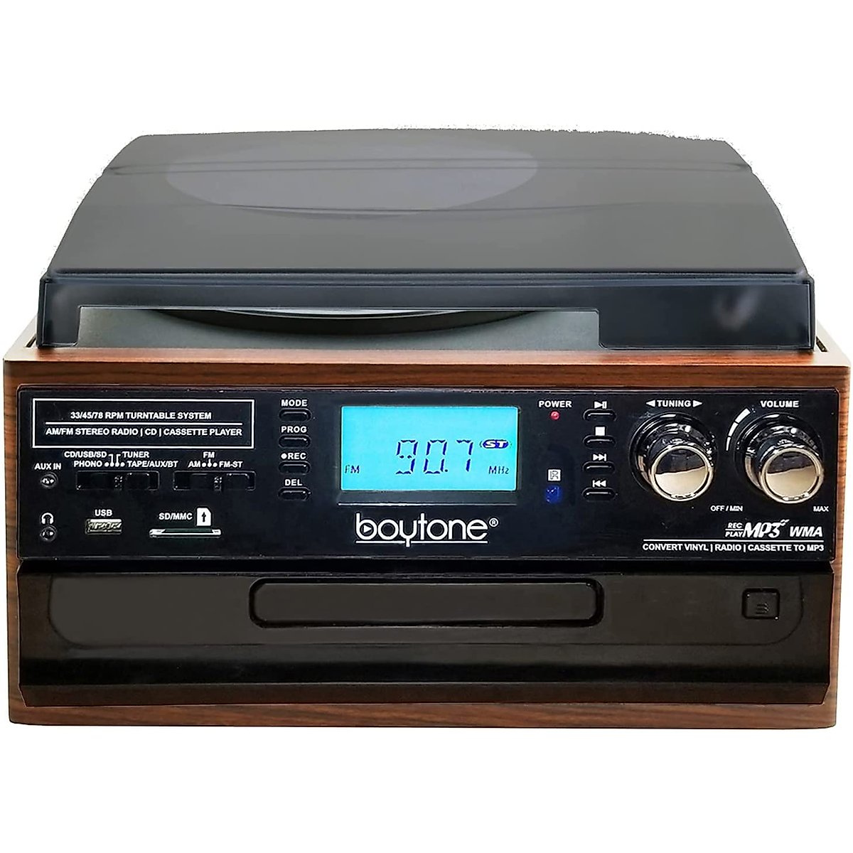 Boytone BT-22MS, Bluetooth Record Player Turntable, AM/FM Radio, Cassette, CD Player, 2 Built in Speaker, Ability to Convert Vinyl, Radio, Cassette, CD to MP3 Without a Computer, SD Slot, USB, AUX