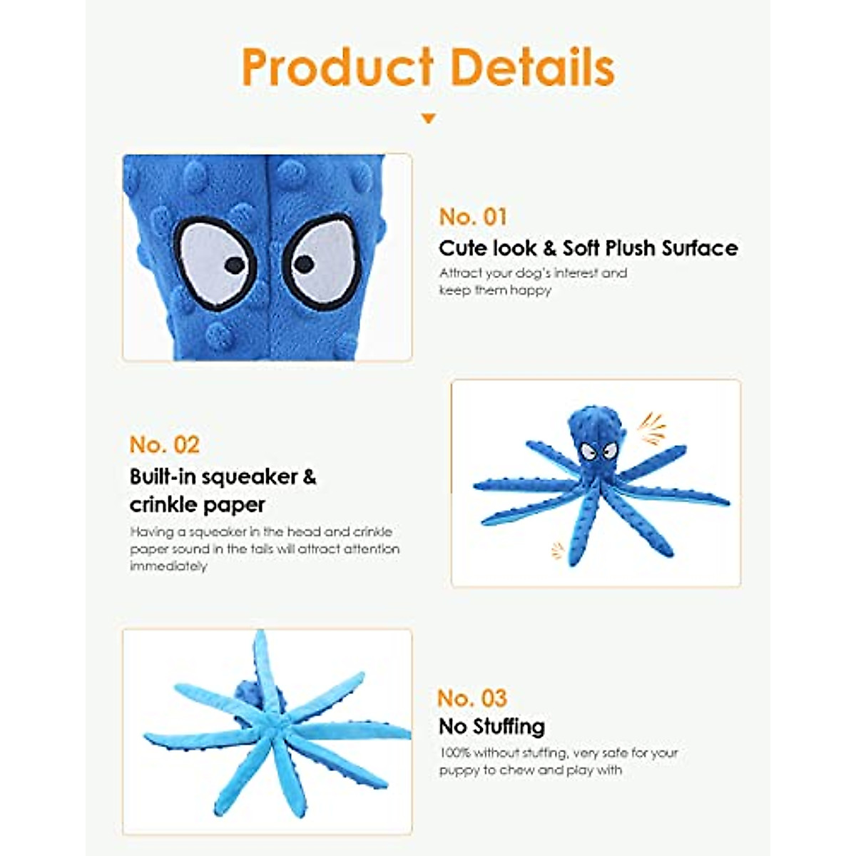 HGB Squeaky Dog Toys, Octopus No Stuffing Crinkle Plush Dog Chew Toys for Puppy Teething, Pet Training and Entertaining, Durable Interactive Dog Toys for Puppies, Small, Medium, and Large Dogs, 2 Pack