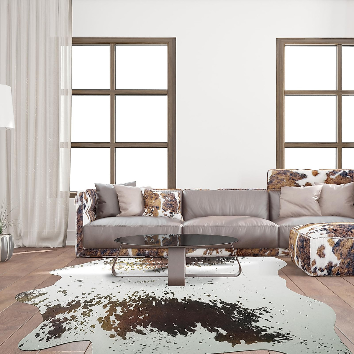 B BENRON Modern Cowhide Rug Faux Cow Rug for Living Room 5.3x6.2ft Animal Rug White and Brown Cow Hide Rug Large Cow Print Rug Non Slip Area Rug Industry Style Western Rugs