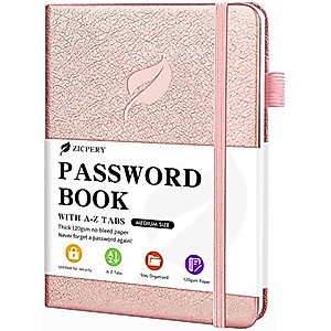 ZICPERY Password Book with Alphabetical Tabs - Premium Leatherette Hardcover Internet Password Keeper Logbook - Untitled Medium Size Password Notebook & Organizer for Home or Office (Rose Gold)