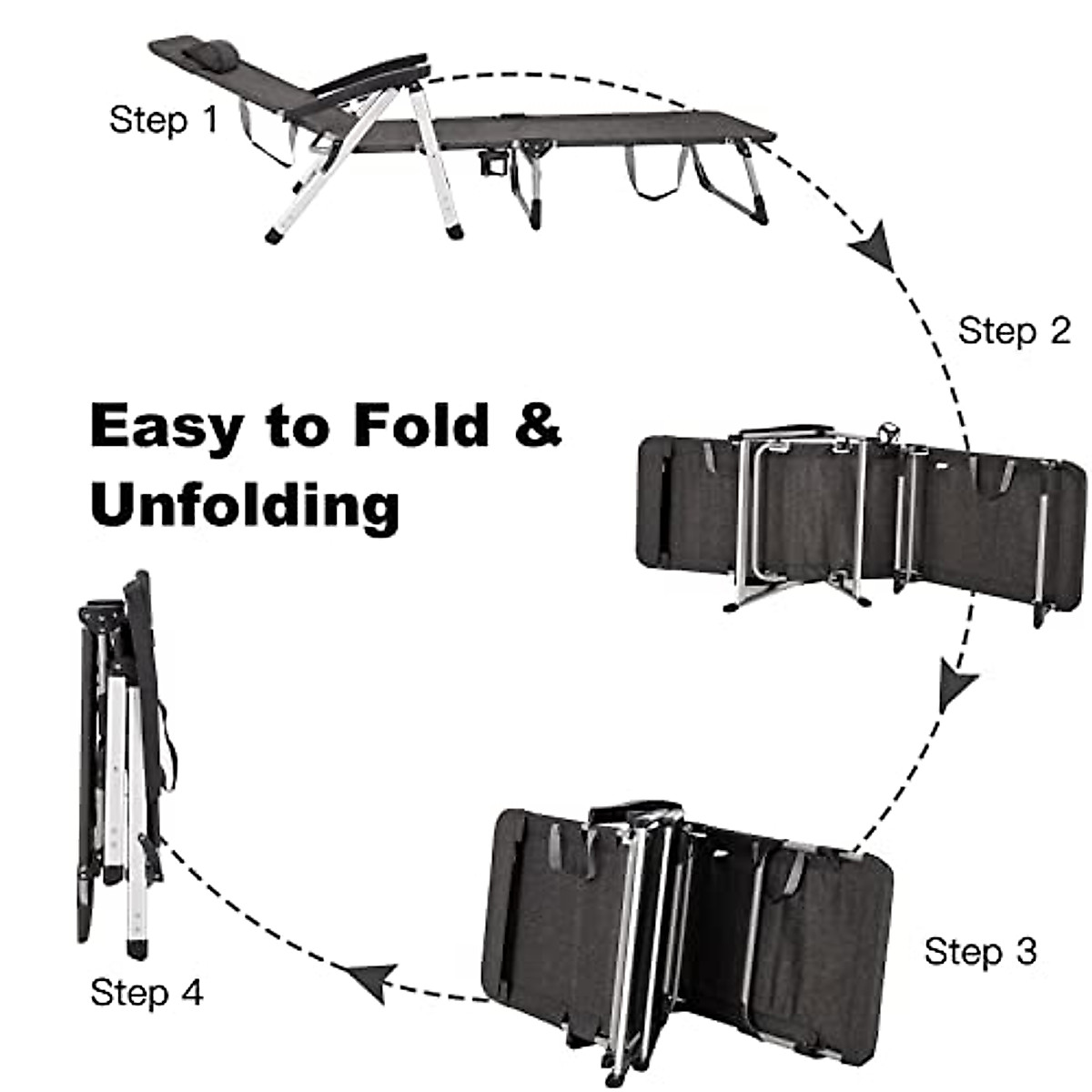 Goplus Chaise Lounge Chair, Folding Outdoor Patio Lounger with Cup Holder & Detachable Headrest, Comfortable for Garden Beach Pool Sunbathing, 7-Position Adjustable (1, Grey)