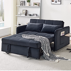 SumKea 3-in-1 Convertible Sleeper Sofa Bed, Velvet Futon Couch Pullout Bed with USB Ports, Modern Space Lounge Furniture for Living Room, Black
