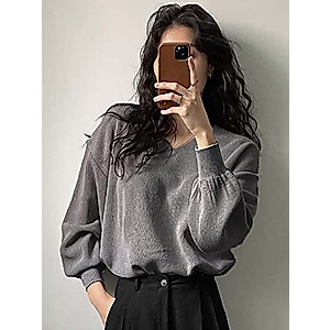 SweatyRocks Women's Lantern Long Sleeve Drop Shoulder Sweater V Neck Ribbed Knit Pullover Top Dark Grey S
