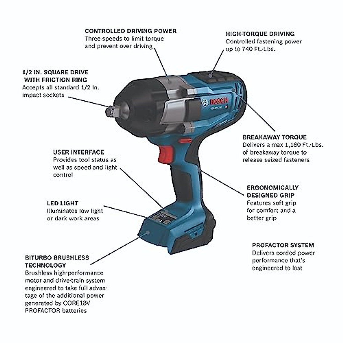 BOSCH GDS18V-740N PROFACTOR™ 18V 1/2 In. Impact Wrench with Friction Ring (Bare Tool)