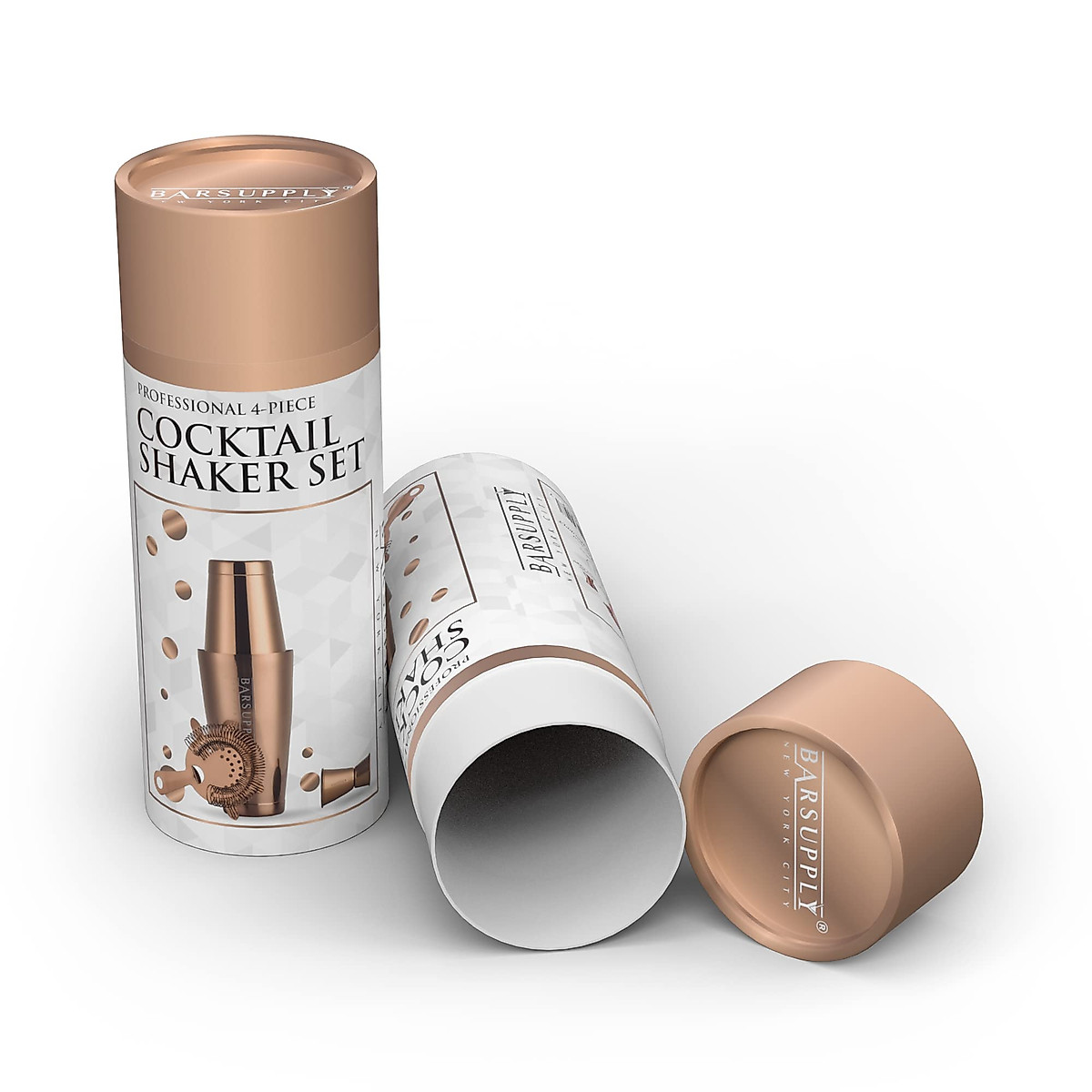 Professional Boston Cocktail Shaker Set | 4-Piece Bar Set | Stainless Steel 304 | 28oz/18oz Weighted Shaker Tins | Hawthorne Strainer | Double Sided Jigger | Recipe Booklet | Bartender Kit (Copper)