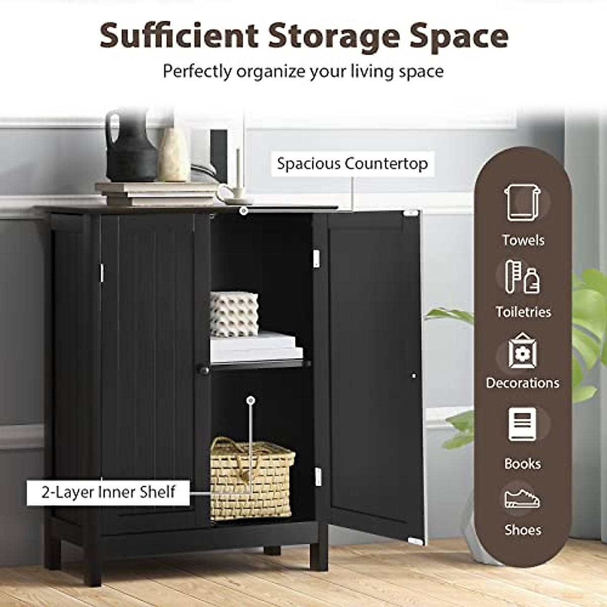 Tangkula Bathroom Floor Cabinet, Freestanding Storage Cabinet with Double Doors and Shelf, Modern Home Furniture, Wooden Home Organizer for Living Room, Bathroom Storage Cabinet (Black)