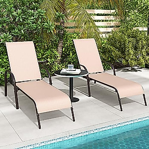 Giantex Set of 2 Adjustable Patio Chaise Lounge, Outdoor Folding Lounge Recliner Chairs w/Adjustable Backrest, Sturdy Metal Frame, Sunbathing Chair for Beach, Yard, Balcony, Poolside(Brown)