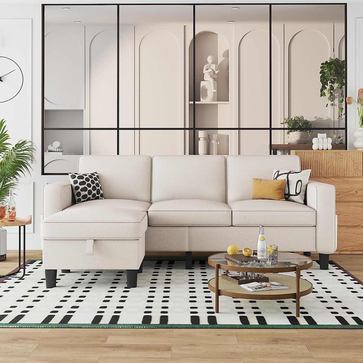 ZeeFu Convertible Sectional Sofa Couch: Beige 3 Seat L-Shaped Sectional Sofa Couches with Storage Ottoman - Modern Linen Fabric Small Sofa Couch Set for Living Room Office Small Space Apartment