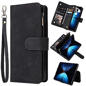 ZZXX Samsung Galaxy Z Fold 4 Case Wallet with [RFID Blocking] Card Slot Soft PU Leather Zipper Flip Folio with Wrist Strap Protective Cover for Galaxy Z Fold 4 Wallet Case(Black-7.6 inch)