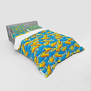 Ambesonne Yellow Submarine Bedding Set, Pop Art Style Retro Underwater Theme Classical Submarine Design Print, 4 Piece Duvet Cover Set with Shams and Fitted Sheet, California King, Yellow and Blue