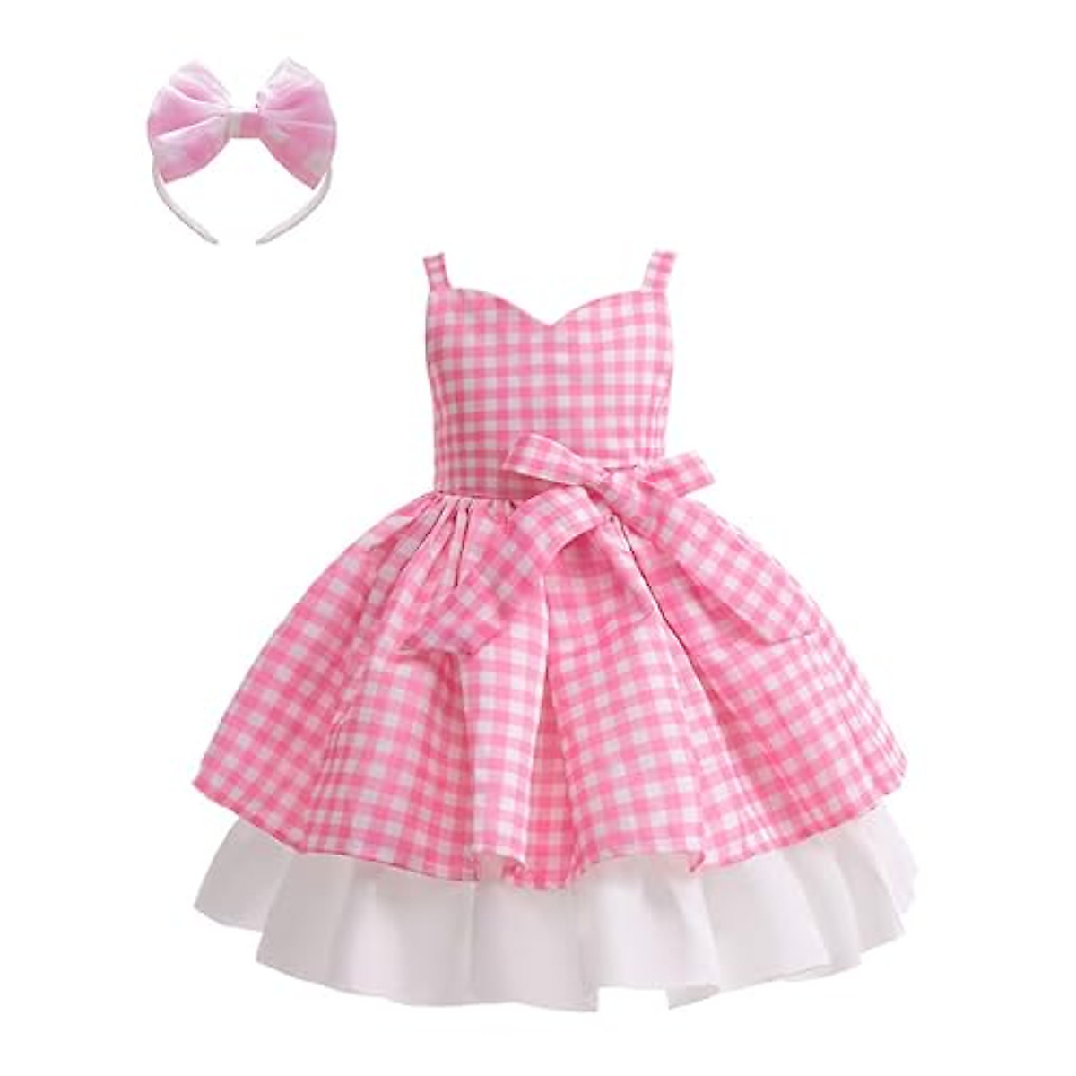 Princess Pink Dress for Girls Pink Costume Plaid Sleeveless Sundress with Accessories Child Movie Heroine Cosplay Costume Pink Dress Uniform Halloween Stage Performance Party Costume, Pink,150cm