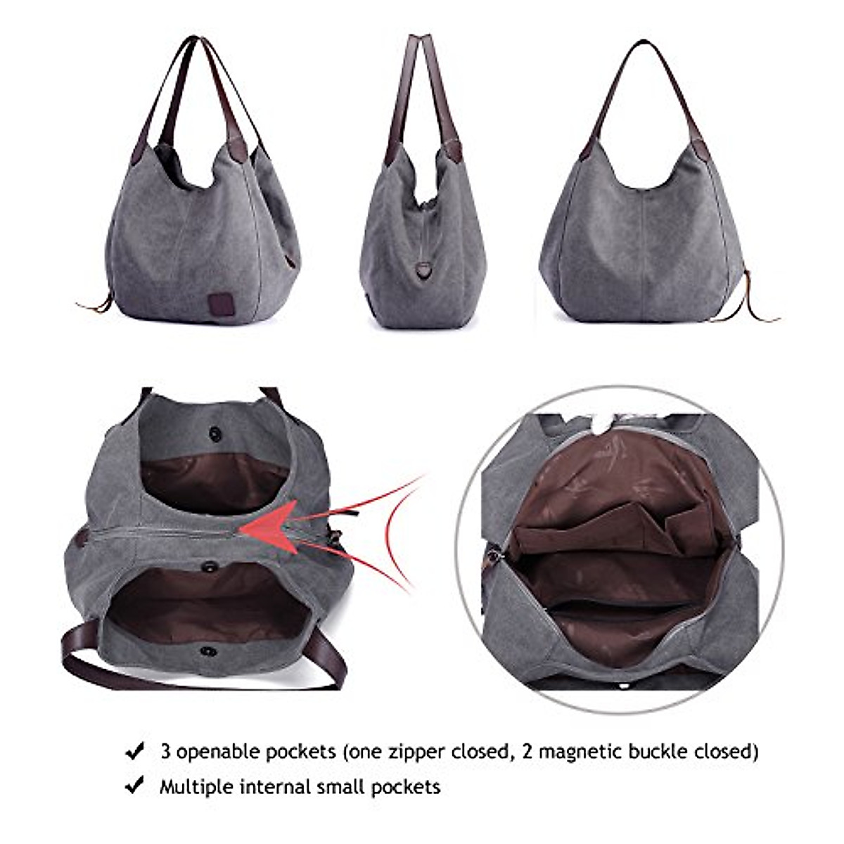 Hiigoo Fashion Women's Multi-pocket Cotton Canvas Handbags Shoulder Bags Totes Purses (Black)