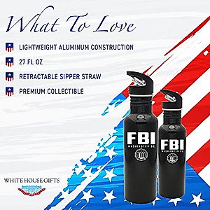 White House Gifts: FBI Water Bottle (27 oz) Aluminum Thermos for water, coffee, tea or travel bottle. Dishwasher safe.