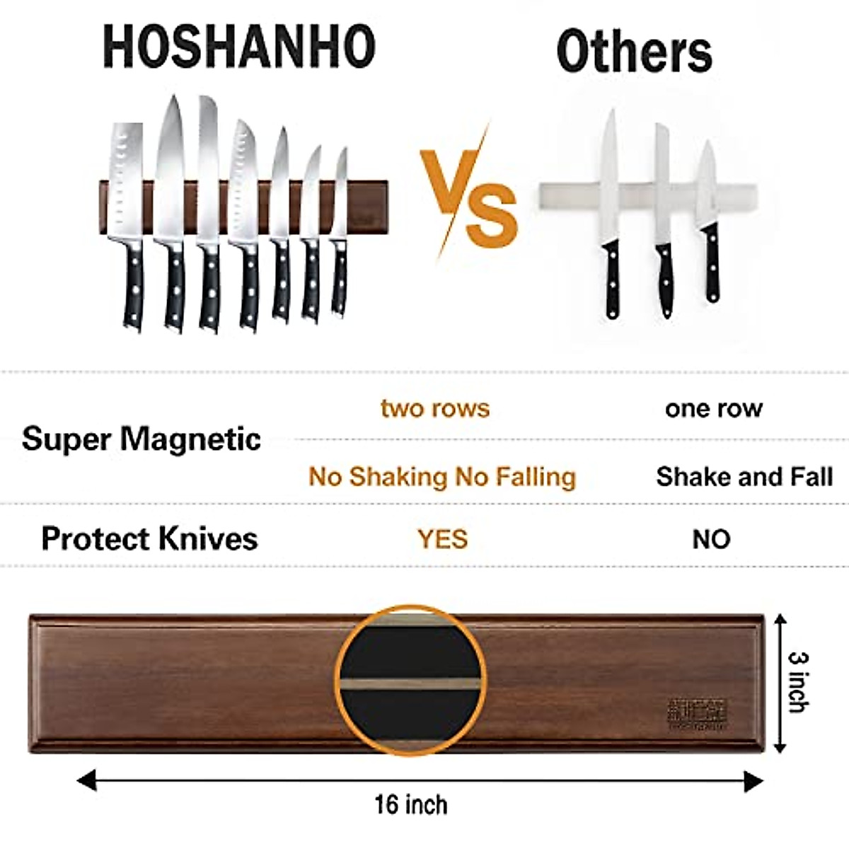 Magnetic Knife Holder for Wall 16 Inch, HOSHANHO Powerful Magnetic Knife Strip, Acacia Wood Magnet Knife Rack for Kitchen Knives & Tools