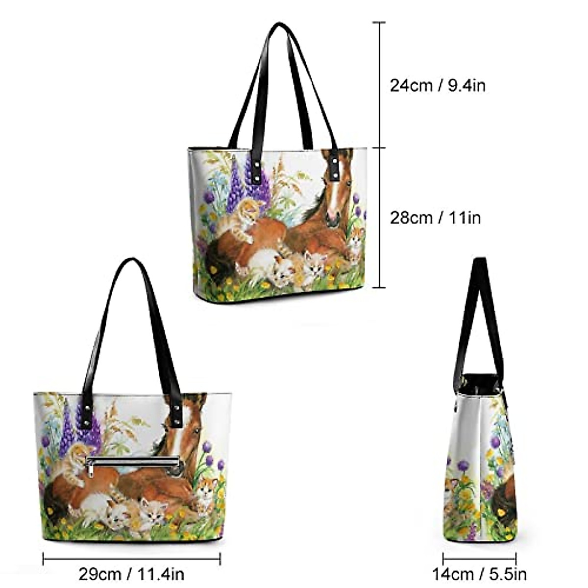 Womens Handbag White Horse Cat Leather Tote Bag Top Handle Satchel Bags For Lady