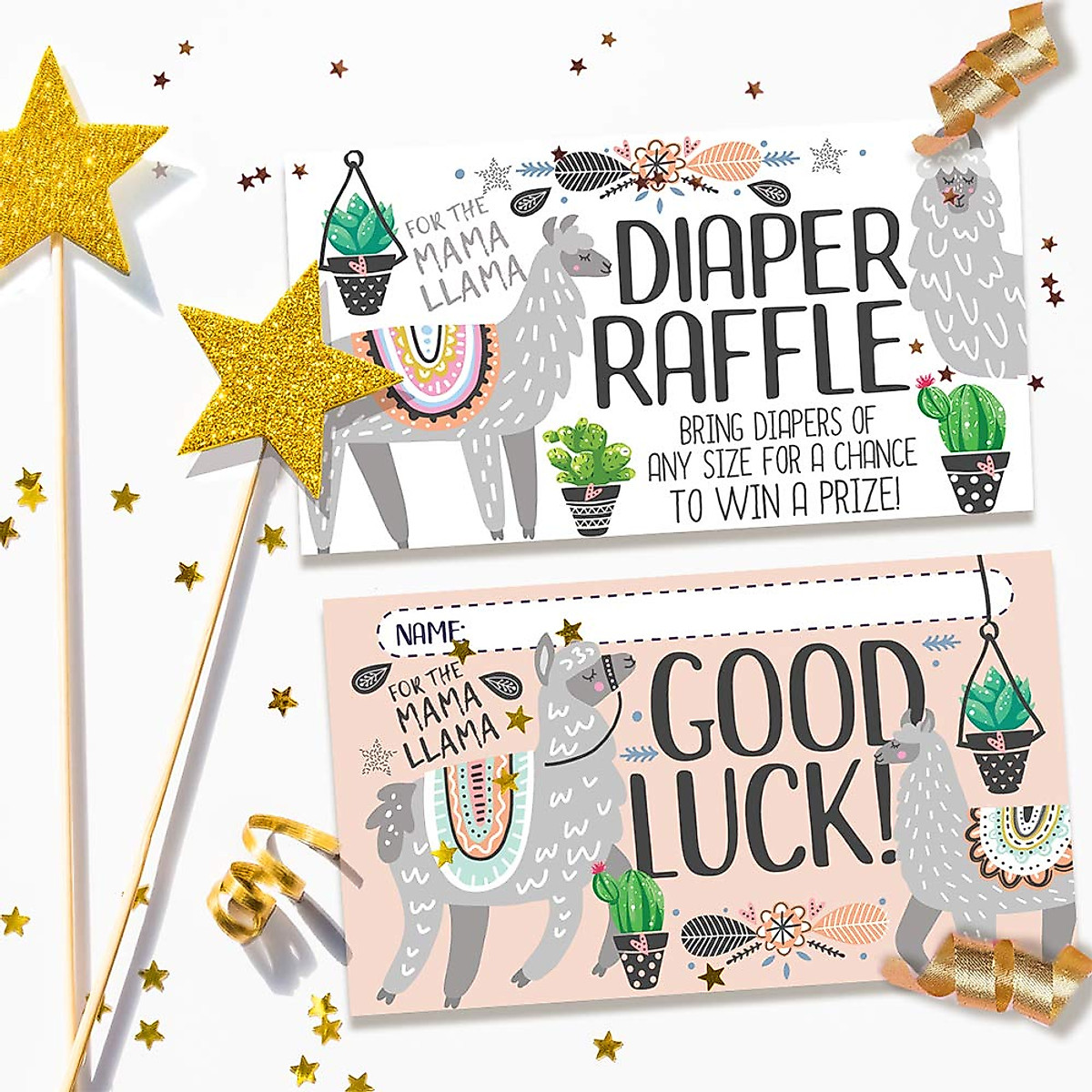 Lone Star Art Diaper Raffle Tickets - Mama Llama Themed Card, Fun Cute Animals and Colorful Baby Shower Games Raffle Sign and Ticket, Neutral Gender, Set of 50 Double Sided Raffle Stationery Cards