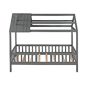 Merax House Bed Frames for Boys and Girls,Wood Twin Bed Frame House-Shaped Bed Platform Bed Frame with Roof Windows and Full-Length Safety Rails, Twin Size