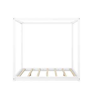 Bellemave 4-Poster Canopy Floor Bed Frame Queem Size Wood Low Profile Platform Beds with Wooden Slats Support, No Box Spring Needed, White, Queen