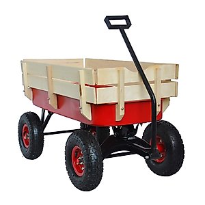 Knocbel Utility Wagon All Terrain Rolling Cart with 24.8" Pulling Handle, Removable Wood Panel, Steel Frame & Pneumatic Tires on 10" Wheels for Shopping Outdoor Patio Garden Beach (Red)