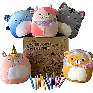 SQUISHY PLANET - 8" Plush Pillow - 5 Pack in Super Mystery Box (+ Pack Crayons) - Decorative Pillows for Bed, Sofá or Chair Cute Plushies Jumbo - Great Gift!