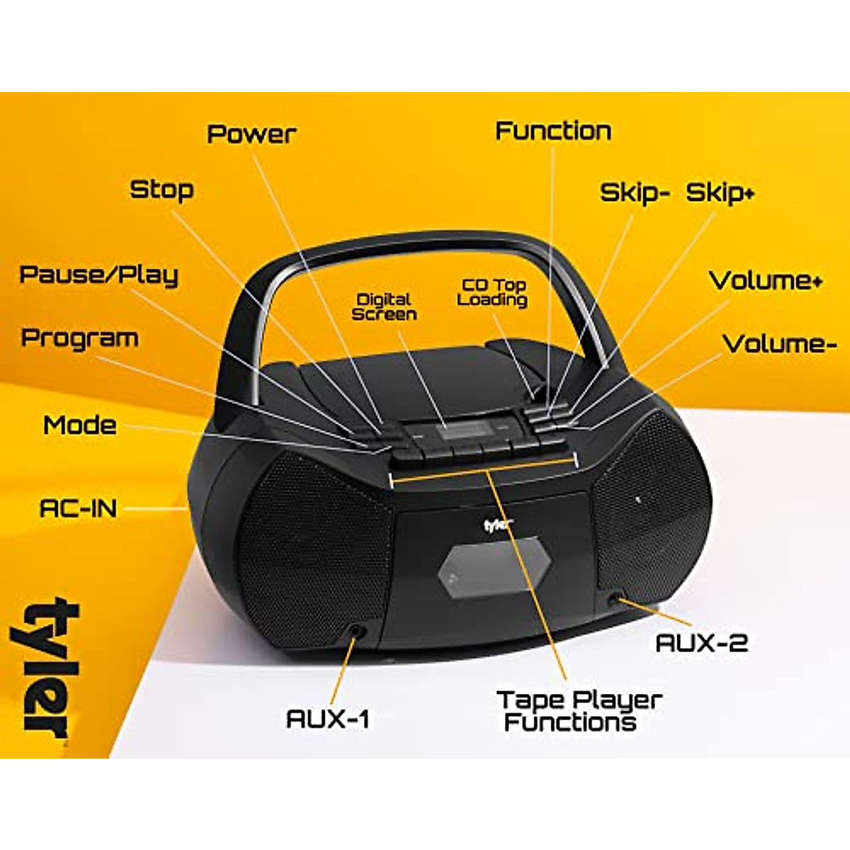 Tyler Portable CD Cassette Boombox 2022 Model CD Player Cassette Player AM/FM Combo Wireless Battery Operated or Ac -in, (2) AUX-in Ports TAU106-BK
